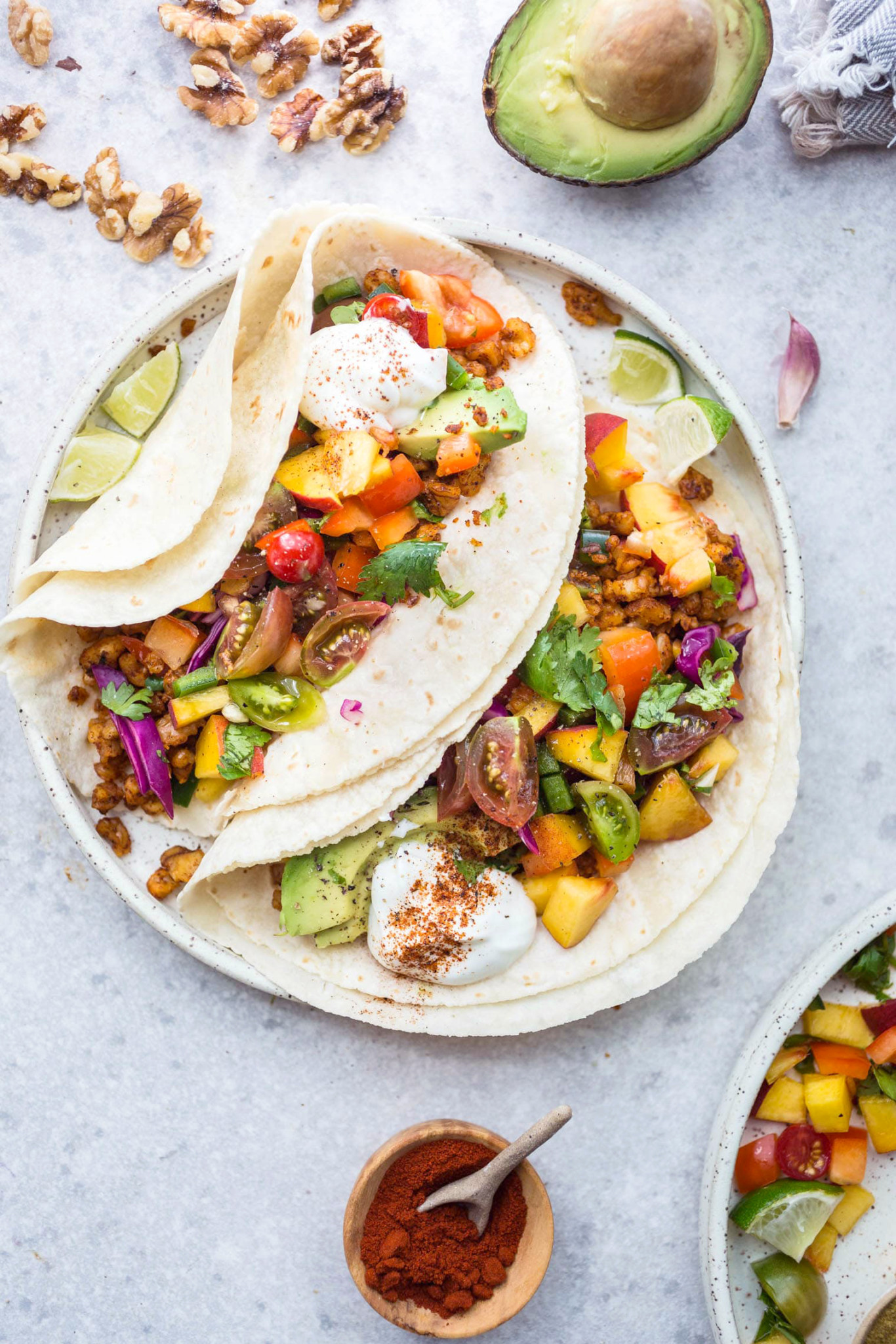 Walnut Meat Tacos with Peach Tomato Salsa (vegan, gluten-free)